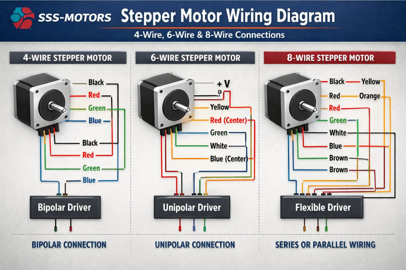 Stepper Motor Wiring Diagram: 4 Wire, 6 Wire, 8 Wire Stepper Motor ...